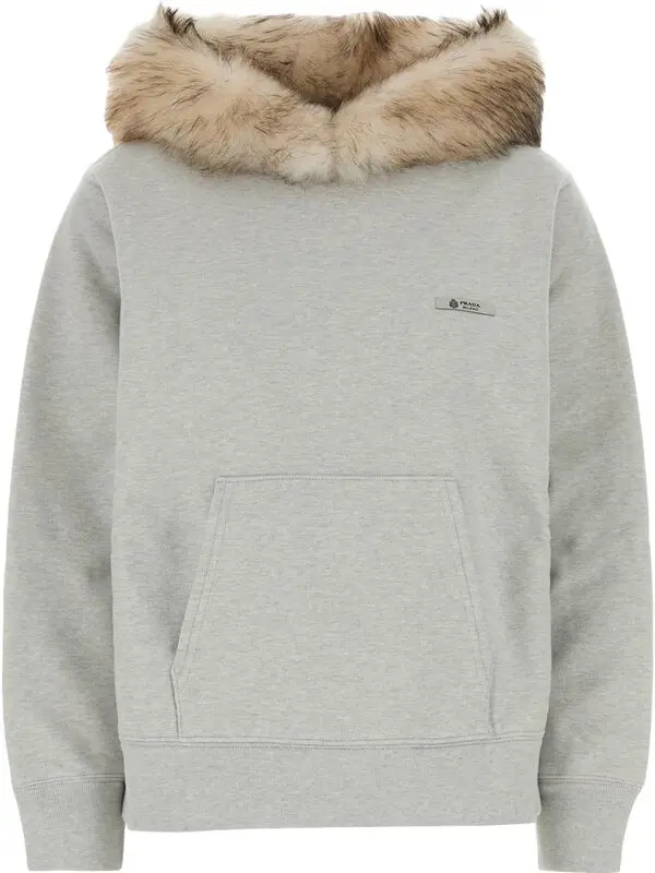 Prada Cotton Hoodie With Fur Insert - Gray