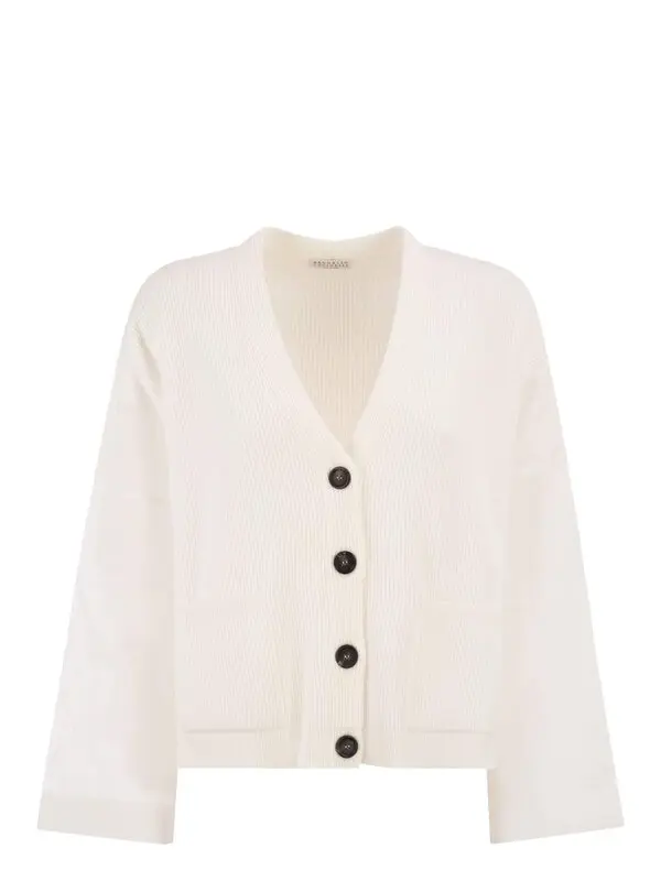 Brunello Cucinelli Ribbed Cardigan With Organza Sleeves - White