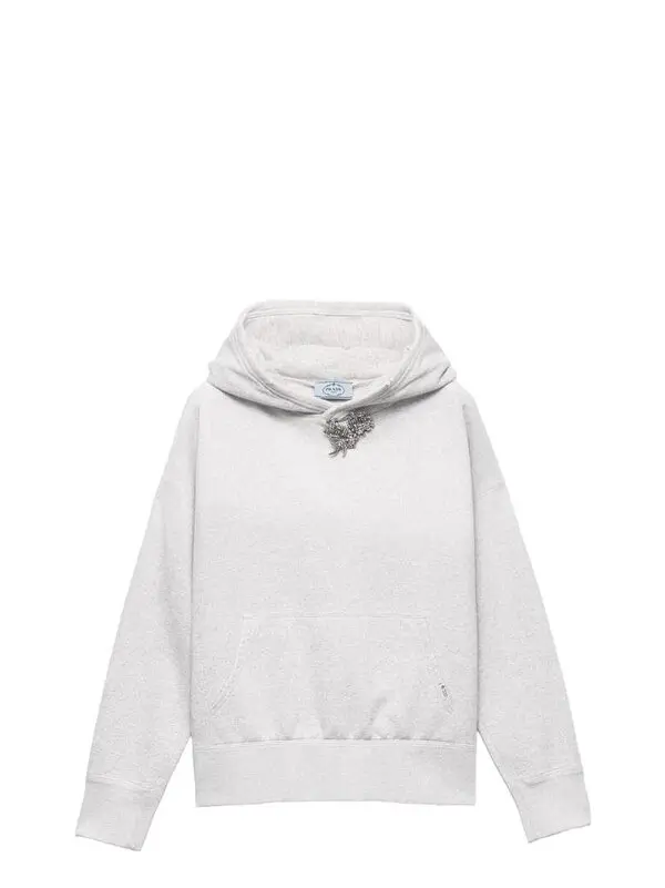 Prada Cotton Fleece Distressed Hoodie With Jewel Brooch - Gray