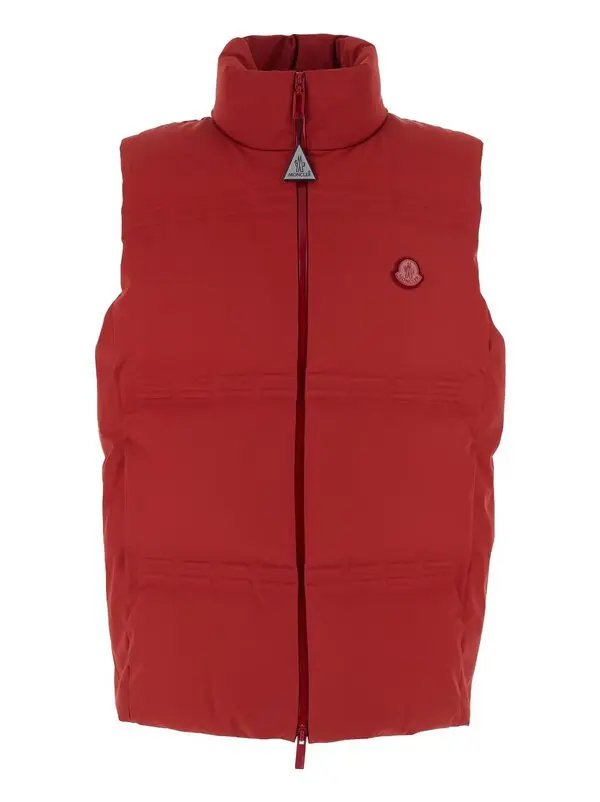Moncler Sparky' Red Sleeveless Down Jacket With Slogan Print On The Collar And Logo Patch On The Front In Tech Fabric Stretch - Multicolor