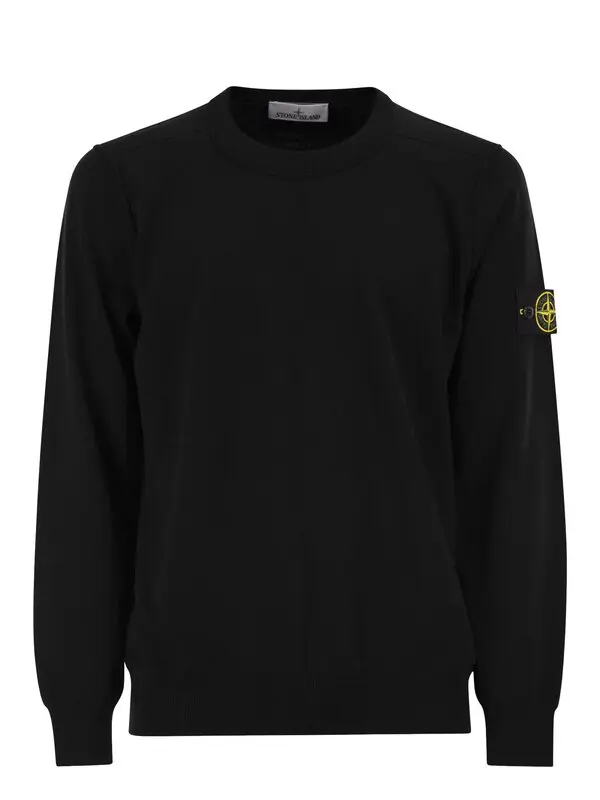Stone Island Crew Neck Jumper With Small Lapel - Black