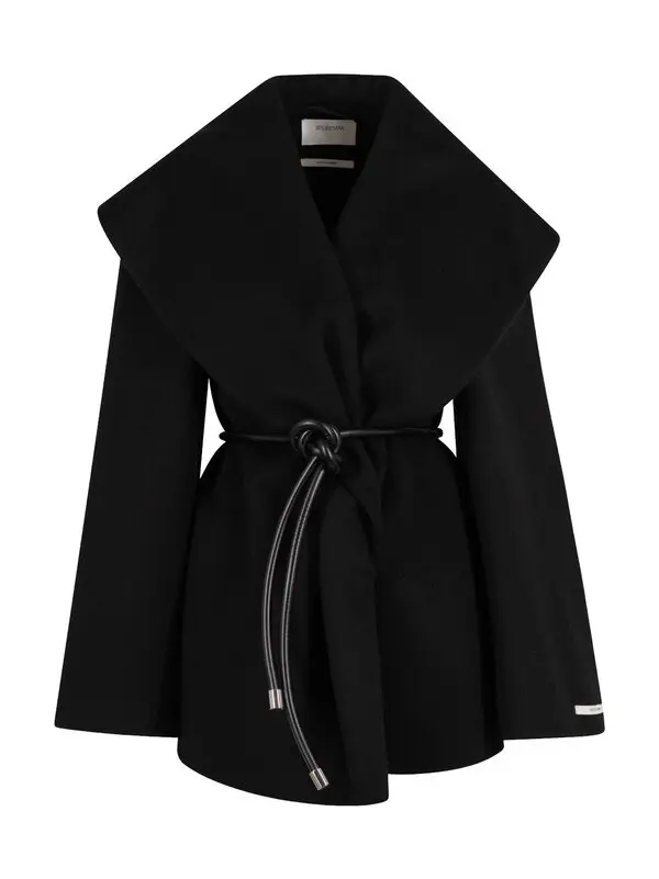 Sportmax Wraparound Wool Cape With Leather Belt - Black
