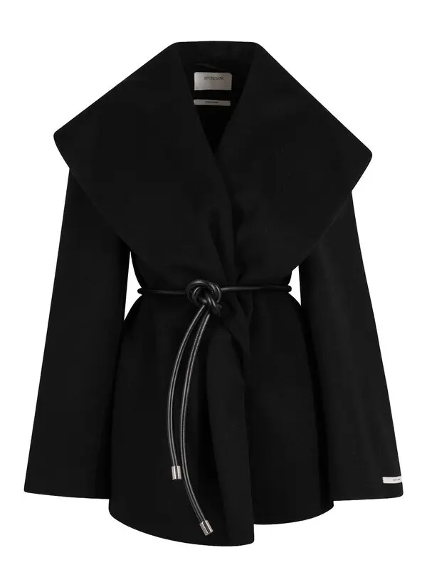 Sportmax Wraparound Wool Cape With Leather Belt - Black