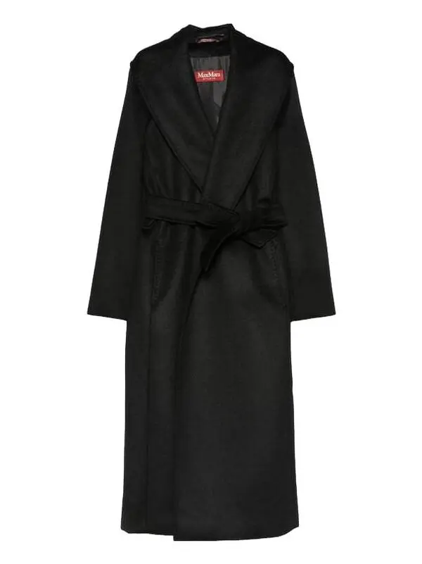 Max Mara Virgin Wool Belted Long Coat - Black