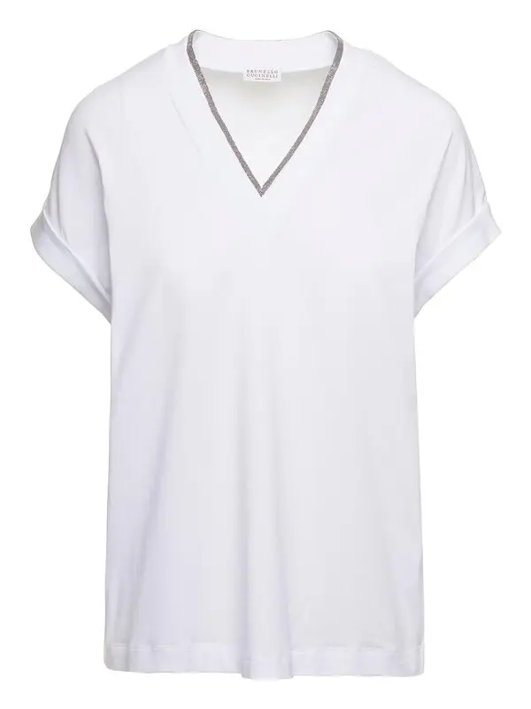 Brunello Cucinelli V-neck T-shirt With Monile Detail In Stretch Cotton - White