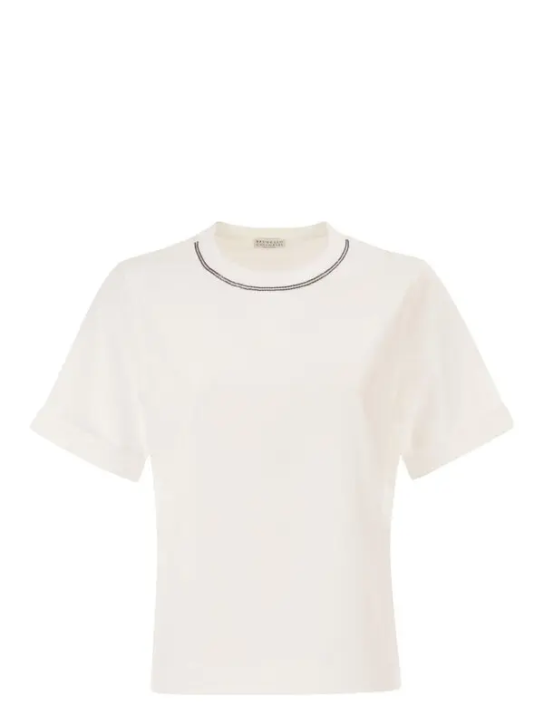 Brunello Cucinelli Cotton Jersey T-shirt With Shiny Trims - White