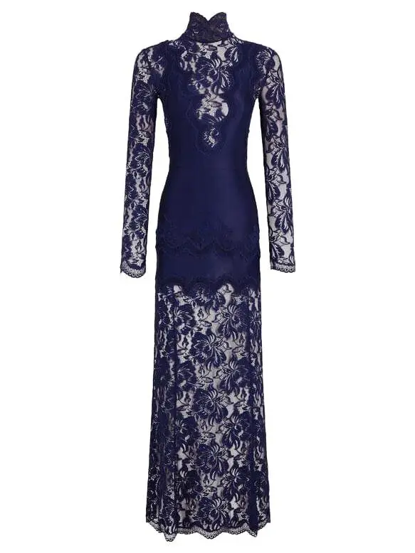 Rabanne Floral Lace Paneled High Neck Long Sleeves Evening Dress - Blue