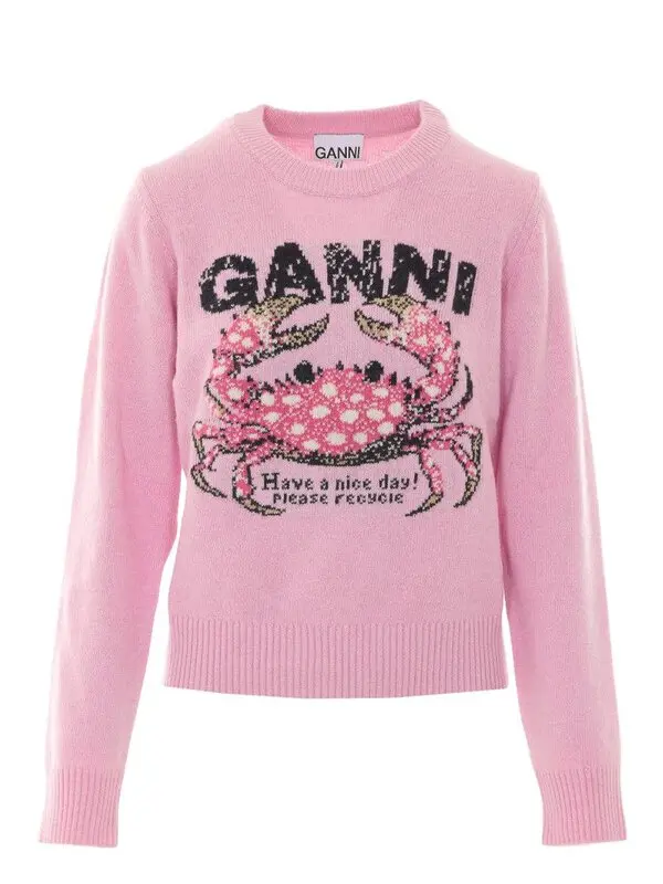 GANNI Logo Wool Sweater With Crab Print - Pink