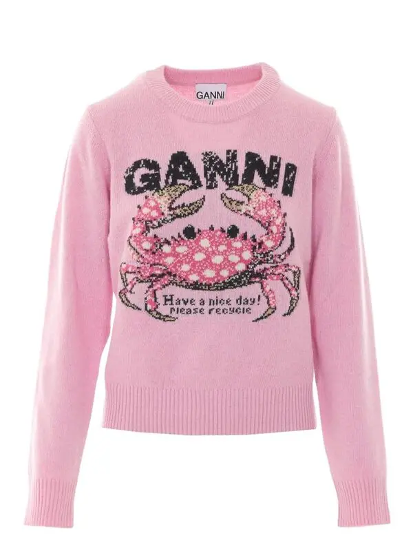GANNI Logo Wool Sweater With Crab Print - Pink