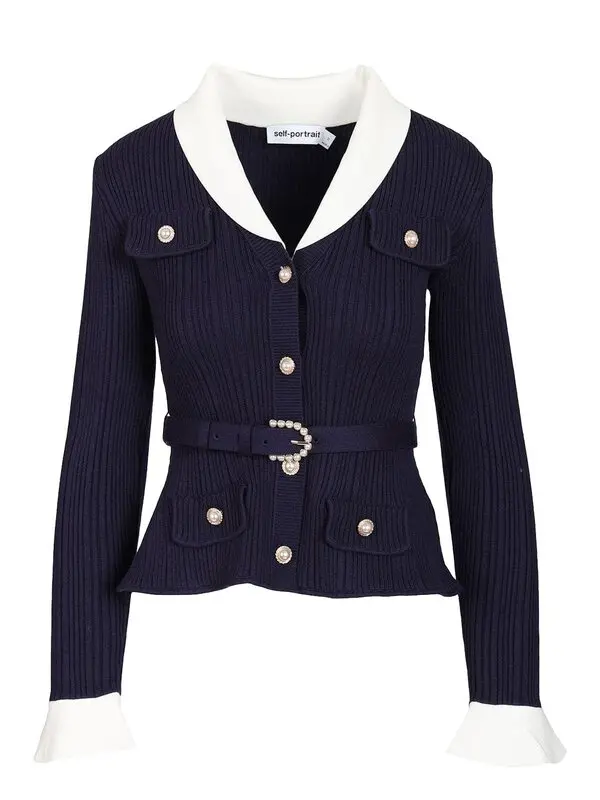 SELF-PORTRAIT Ribbed Cardigan - Blue