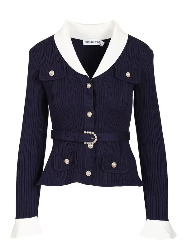 SELF-PORTRAIT Ribbed Cardigan - Blue