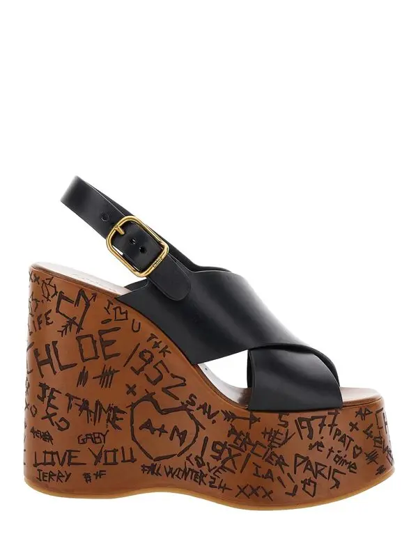Chloé Maxime' Black Wedges With High Embossed High Wedge Heel And Crossover Strap On The Toe In Leather Womam - Multicolor