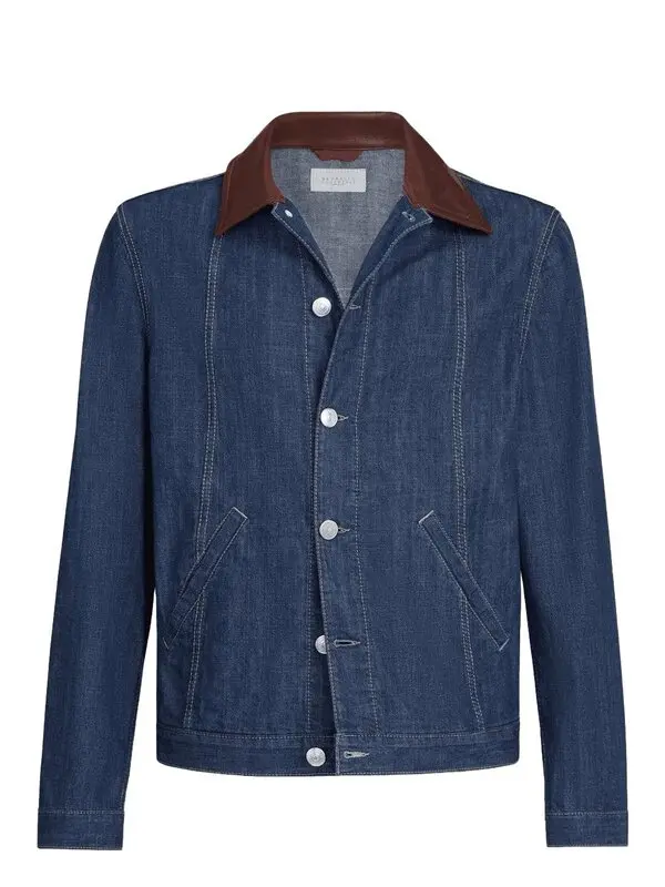 Brunello Cucinelli Lightweight Denim Jacket With Leather Collar - Blue