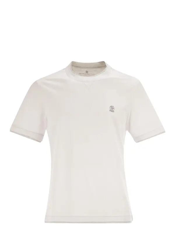 Brunello Cucinelli Cotton Jersey Crew Neck T-shirt With Logo And Faux Layering - White