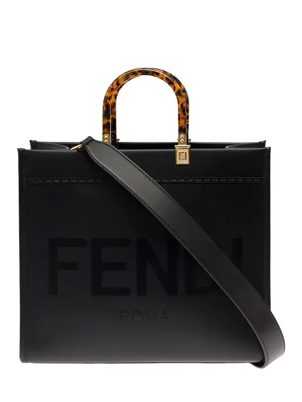 Fendi Handbag 'sunshine' With Embossed Logo And Turtle Effect Handle In Black Leather For - Multicolor