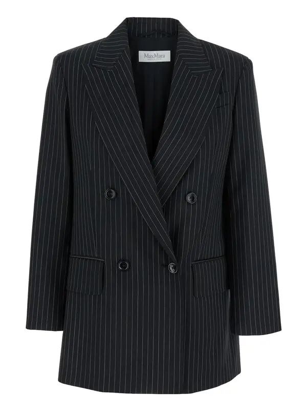 Max Mara Mattia' Black Double-breasted Jacket With Peak Revers And All-over Striped Motif In Wool - Multicolor