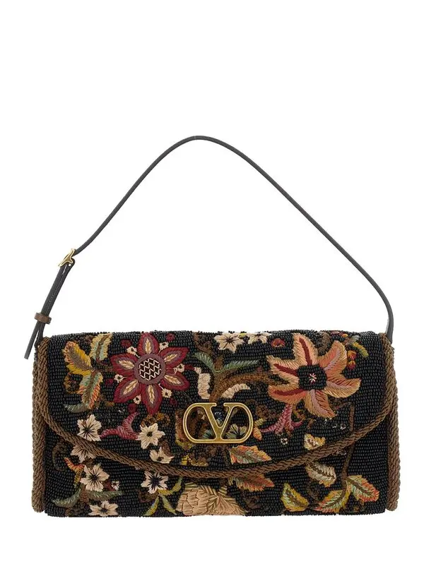 Valentino Garavani Shoulder Bag With Vlogo Plaque On The Front And Floral Embroidery For - Multicolor