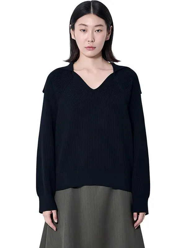 Bottega Veneta Cotton Ribbed Spread Collar Sweater - Black