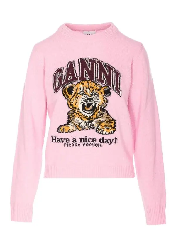 GANNI Logo Wool Jumper With Tiger Print - Pink