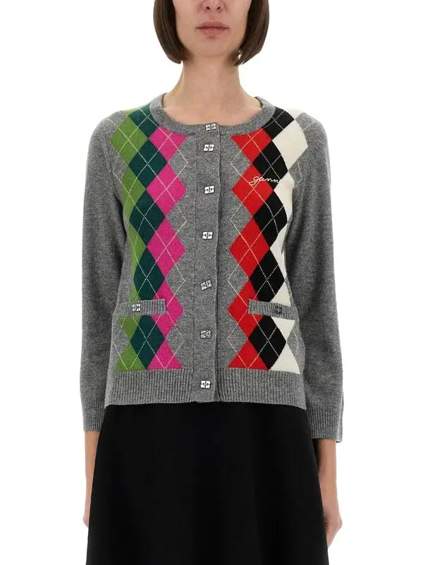 GANNI Jacquard Cashmere Cardigan - Purple
