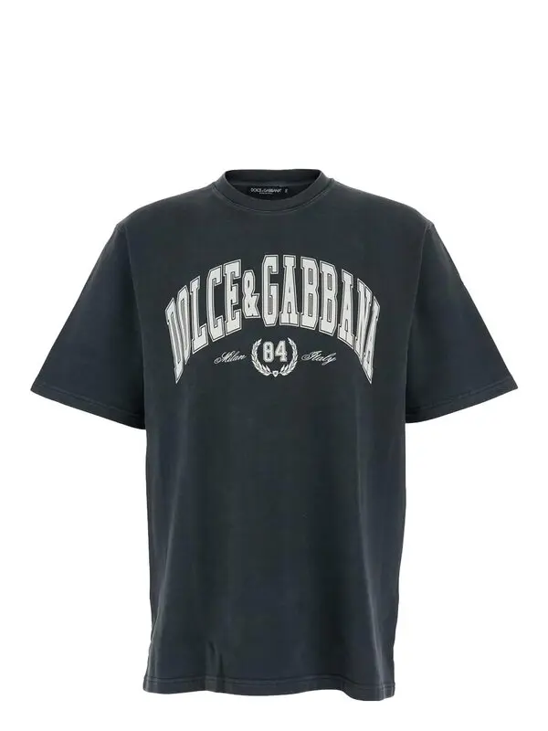 Dolce & Gabbana Dark Grey Crewneck T-shirt With Logo Lettering Print On The Front In Cotton - Multicolor