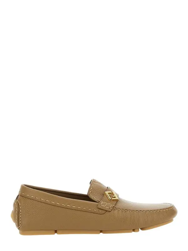 Fendi Driver' Beige Loafers With Rubber Injected Sole And Metallic Ff Plate In Hammered Leather - Multicolor