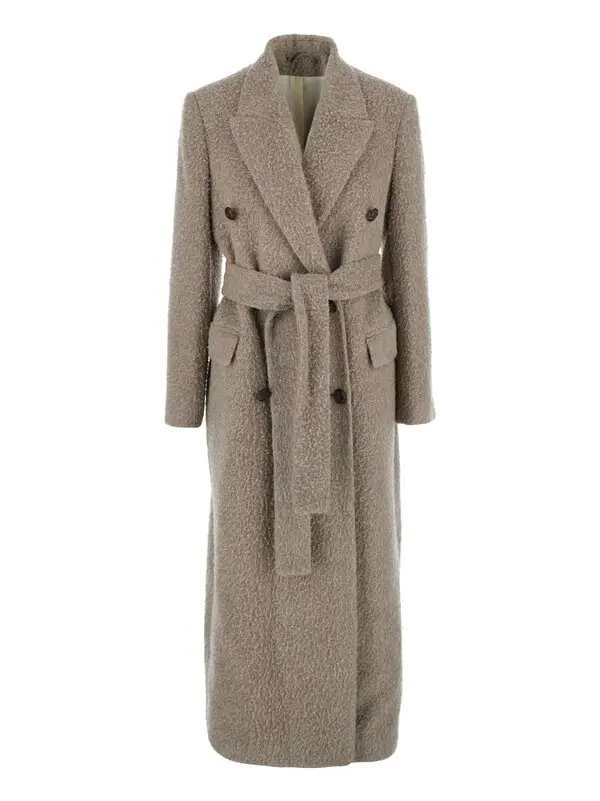 GOLDEN GOOSE Beige Double-breasted Coat With Classic Lapels And Belt In Wool And Mohair Blend - Multicolor