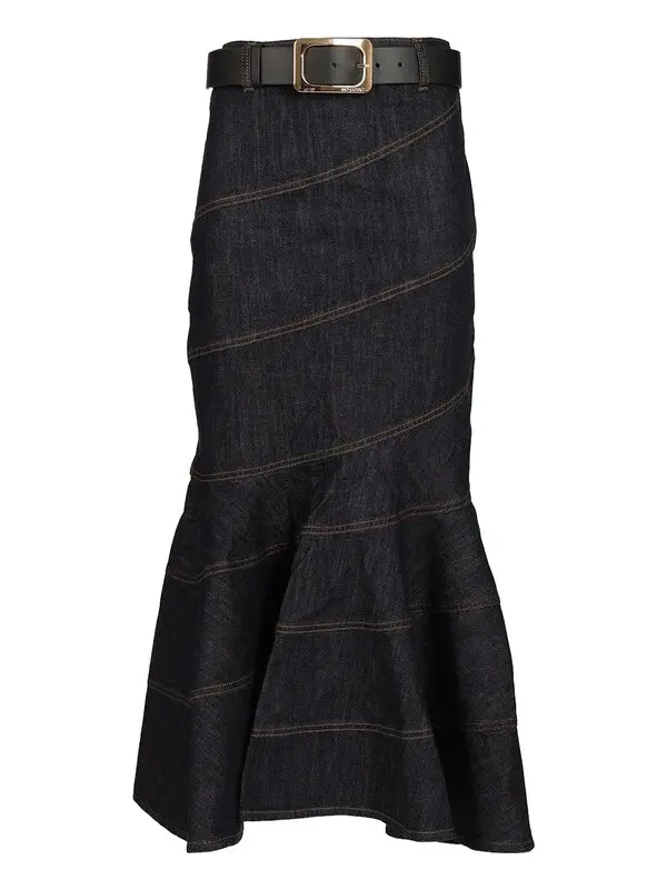 SELF-PORTRAIT Belted Denim Midi Skirt - Blue