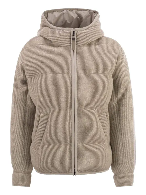 Brunello Cucinelli Sparkling English Coast Cashmere Knit Jacket With Hood And Shiny Zip Pull - Cream