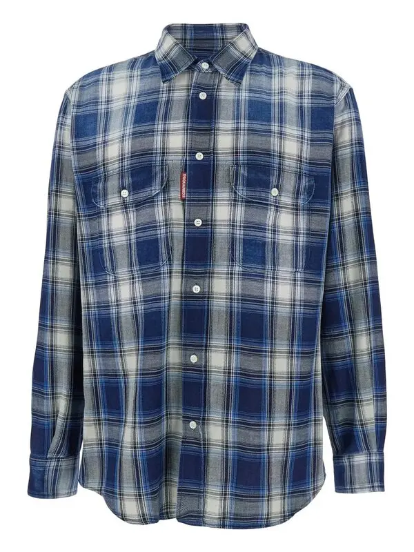 Dsquared2 Blue Shirt With Classic Collar And All-over Check Motif In Cotton - Multicolor