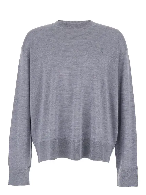 AMI Paris Grey Crew Neck Sweater With Embroidered Logo On The Front In Wool - Multicolor
