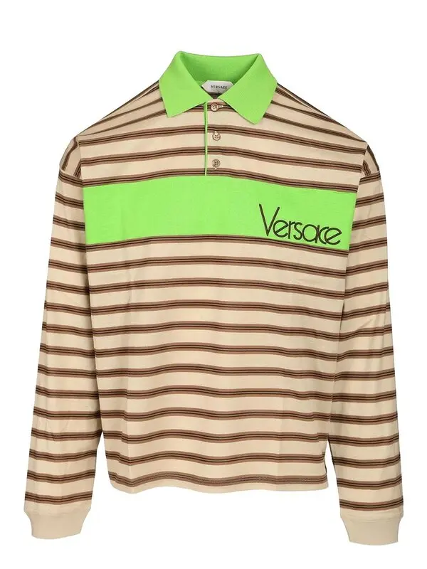 Versace Striped Cotton Polo Shirt With Inlay - Multicolor