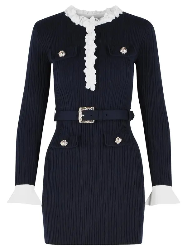SELF-PORTRAIT Flower Mini Dress In Navy Wool Blend - Blue