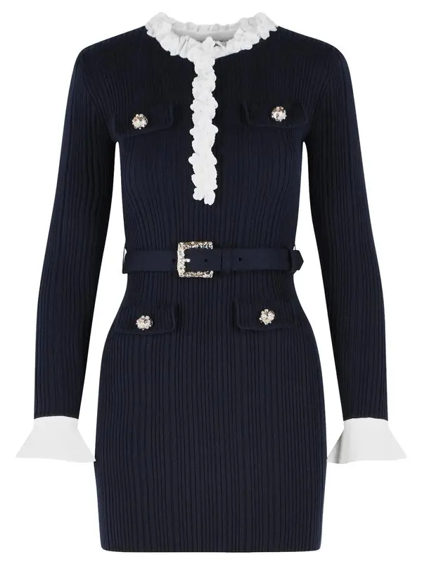 SELF-PORTRAIT Flower Mini Dress In Navy Wool Blend - Blue