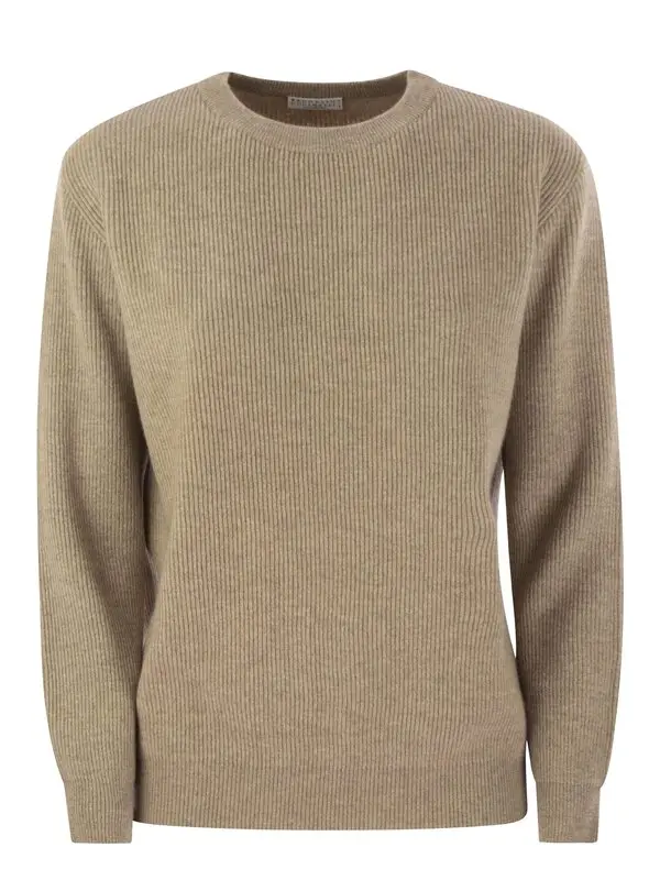 Brunello Cucinelli English Rib Cashmere Sweater With Monile - Cream