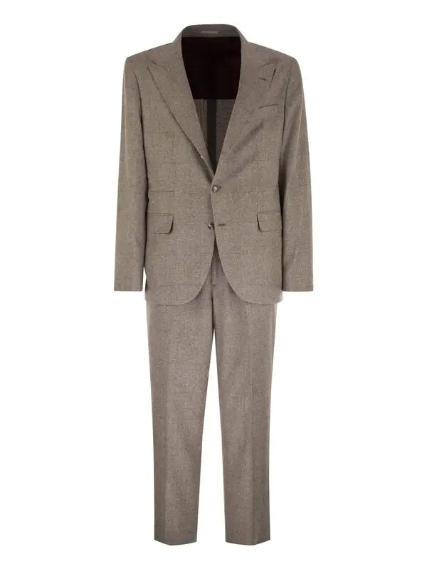 Brunello Cucinelli Prince Of Wales Flannel Suit In Silk, Wool And Cashmere - Multicolor