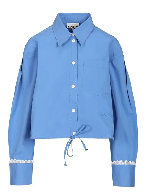 GANNI Cotton Shirt With Lace Details - Blue