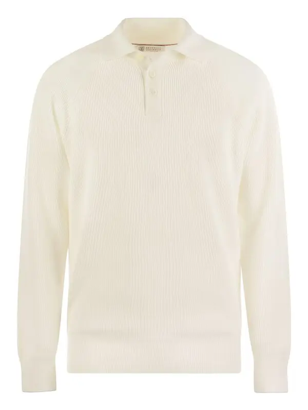 Brunello Cucinelli Cotton Rib Knit Polo Shirt With Long Raglan Sleeve - Cream