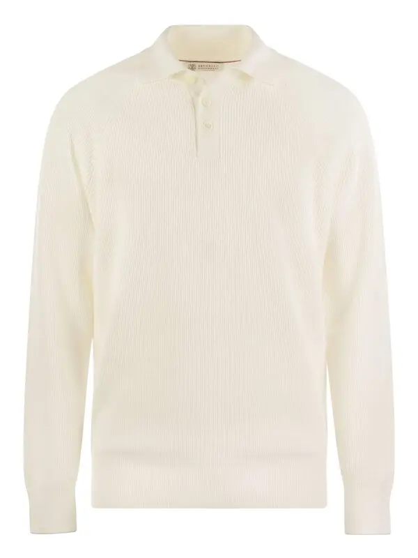 Brunello Cucinelli Cotton Rib Knit Polo Shirt With Long Raglan Sleeve - Cream