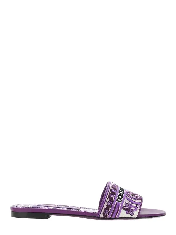 Dolce & Gabbana Violet Sandals With Logo Embroidery On The Front And All-over Majolica Motif In Cotton Blend - Multicolor