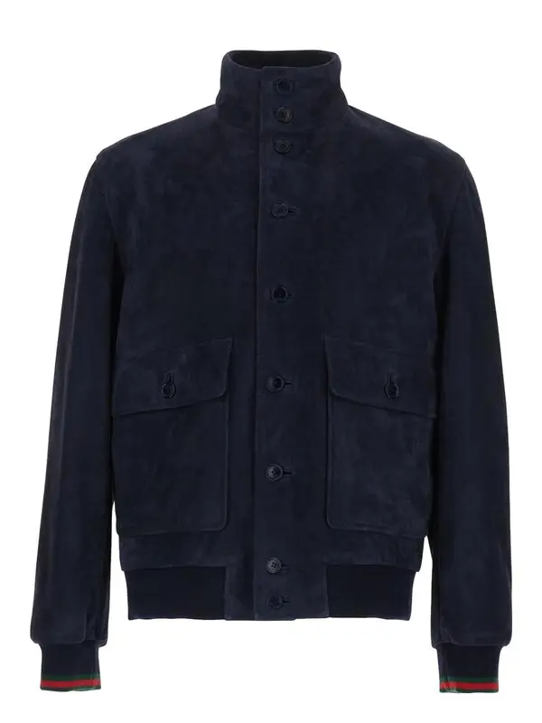 Gucci High Collar Suede Jacket With Web Detail - Multicolor
