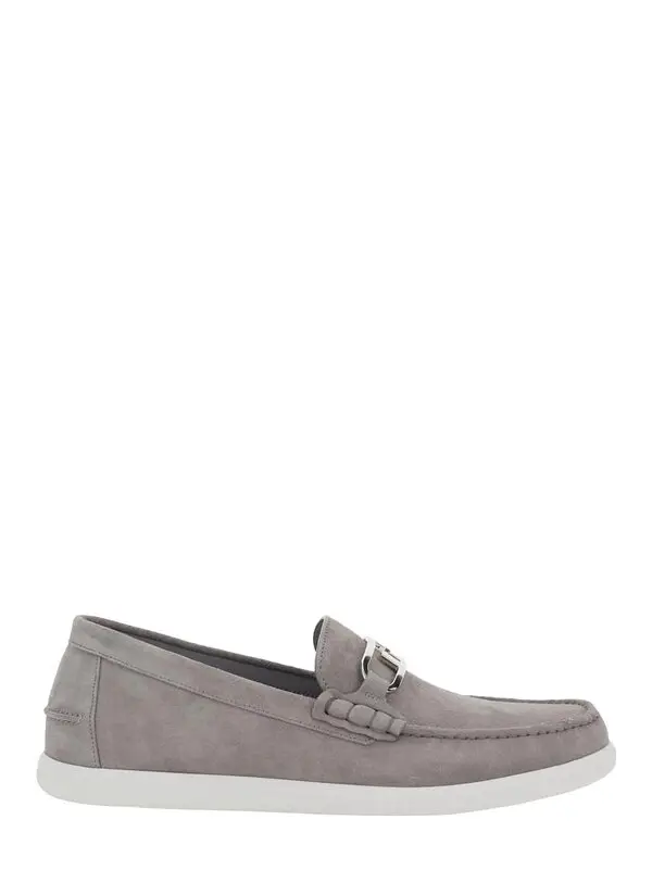 Fendi Grey Loafers With Ff Metal Buckle And Contrasting Sole In Suede - Multicolor