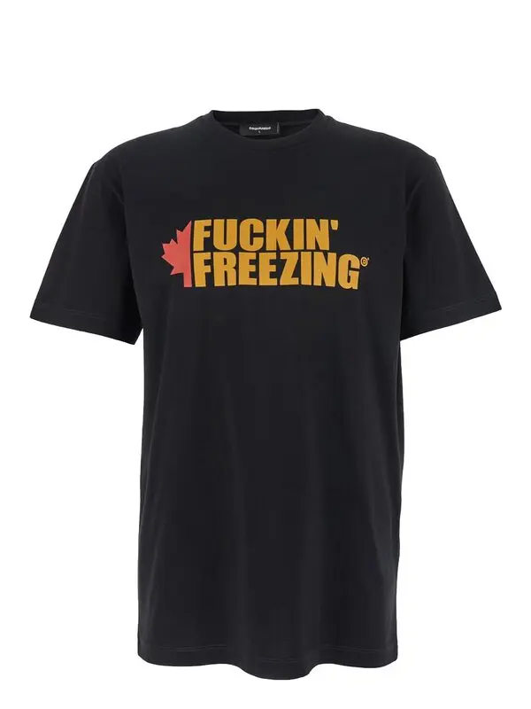Dsquared2 Crewneck T-shirt With Print On The Front And Logo Lettering On The Rear In Cotton - Black