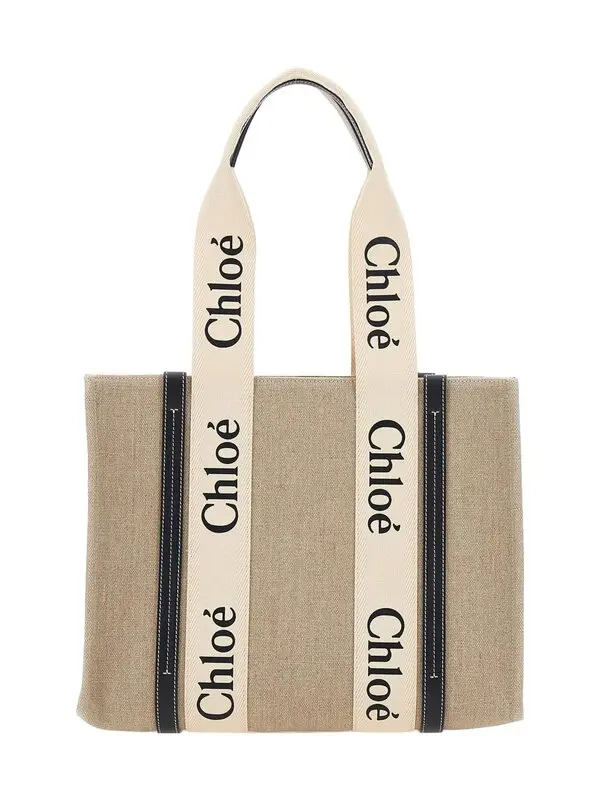 Chloé Medium Woody' Logo Lettering Linen Tote Bag - Cream