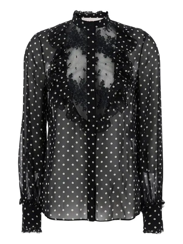 Valentino Garavani Black Crewneck Shirt With Floral Embroidery And All-over Polka Dots Motif In Silk - Multicolor