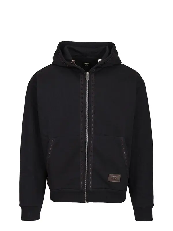 Fendi Cotton Hoodie With Selleria Leather Stitching - Blue