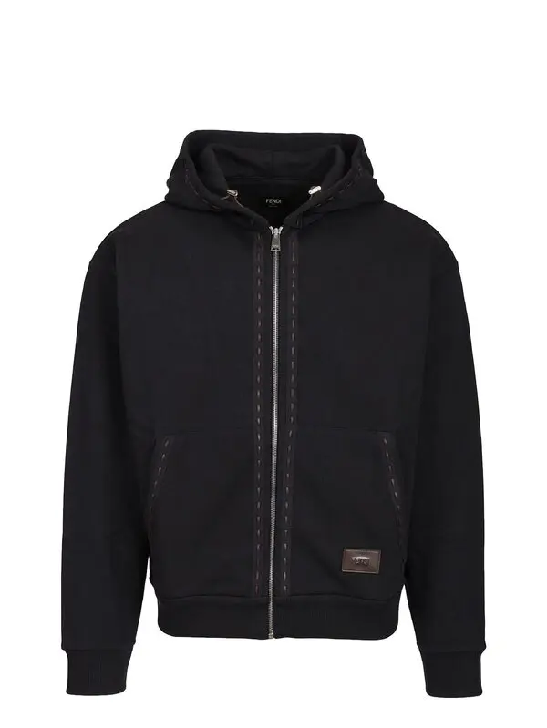 Fendi Cotton Hoodie With Selleria Leather Stitching - Blue