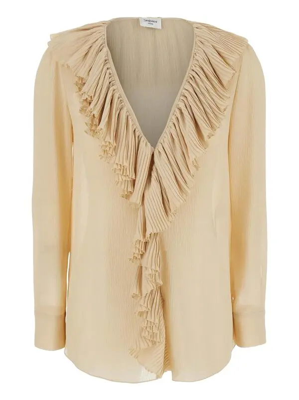 Saint Laurent Beige Blouse With V Neck And Ruffles On Front And Rear In Silk - Multicolor