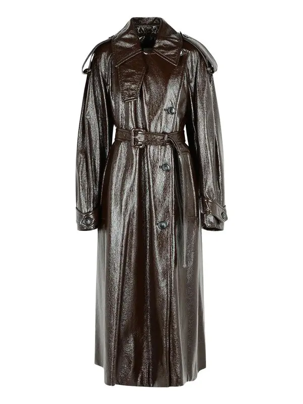 Sportmax Long 'bairo' Patent Effect Trench Coat In Coffee Cotton - Brown