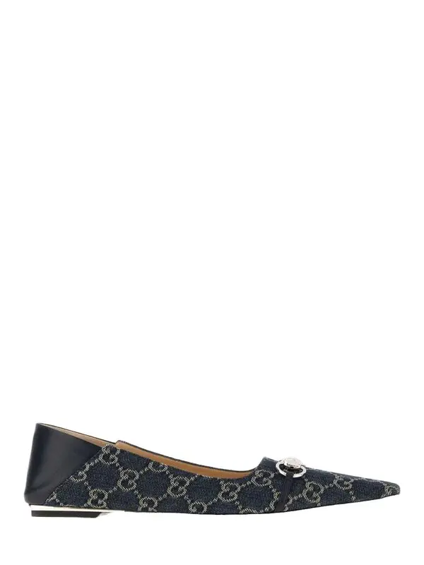 Gucci Vittoria Tapered Toe Gg Jacquard Denim Ballet Flats With Horsebit Detail - Blue